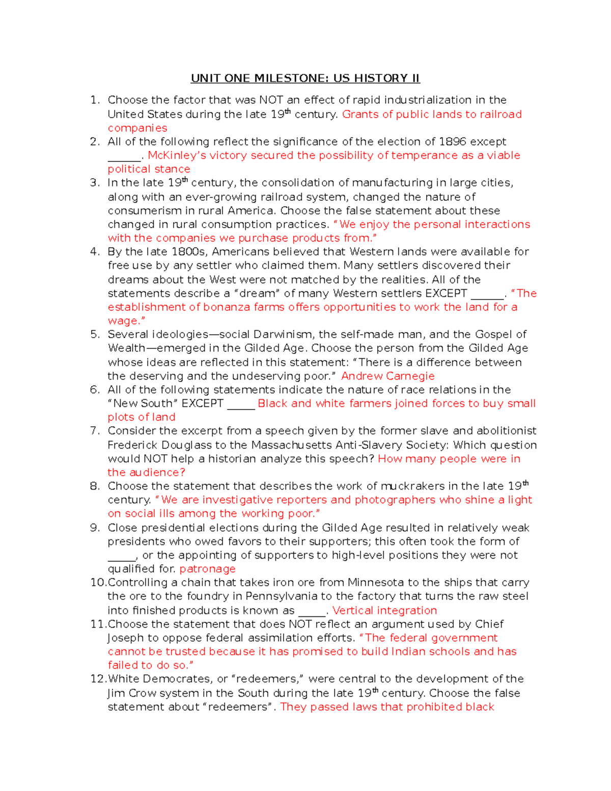 UNIT ONE Milestone - UNIT ONE MILESTONE: US HISTORY II Choose the ...