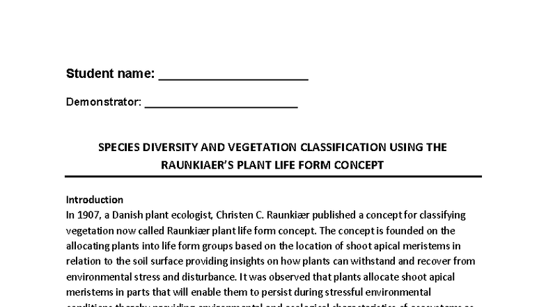 Species Diversity Practical 2025: Raunkiær Life Form Classification ...