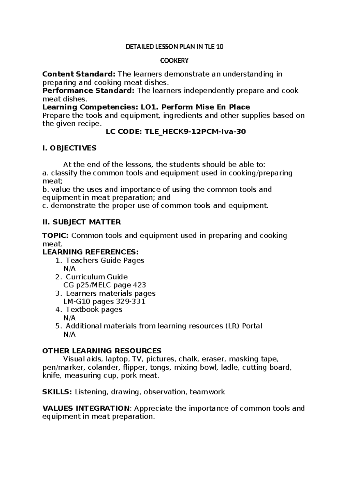 DETAILED LESSON PLAN IN TLE 10 COOKERY: Tools & Equipment for Meat ...