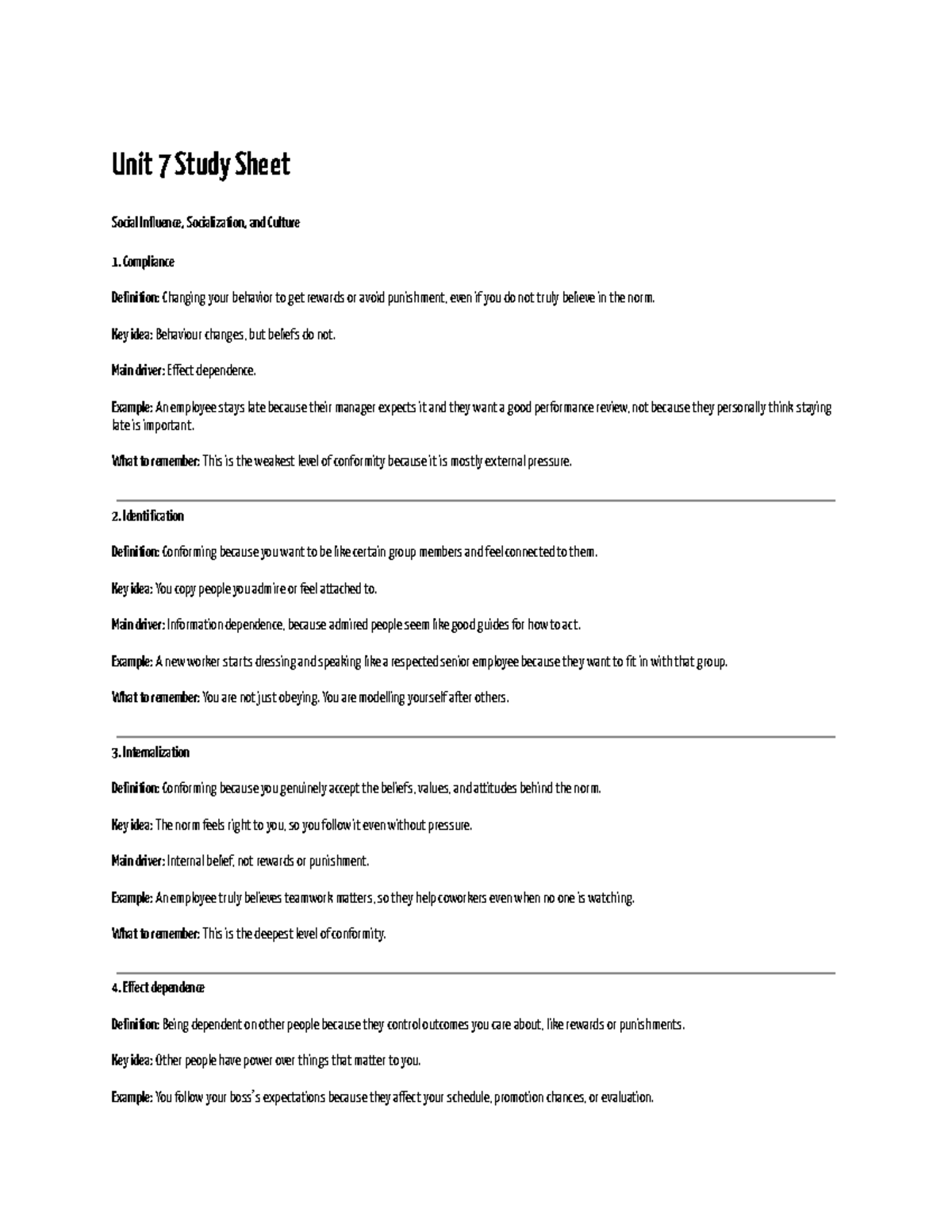 Unit 7 Study Guide: Social Influence, Socialization, and Culture ...