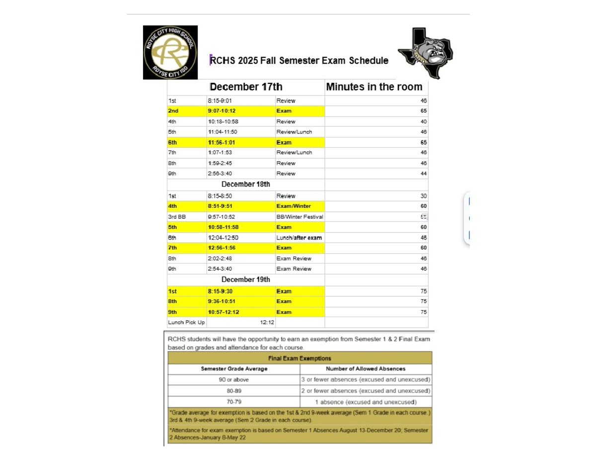 RCHS 2025 Fall Semester Exam Schedule and Exemption Policy - Studocu