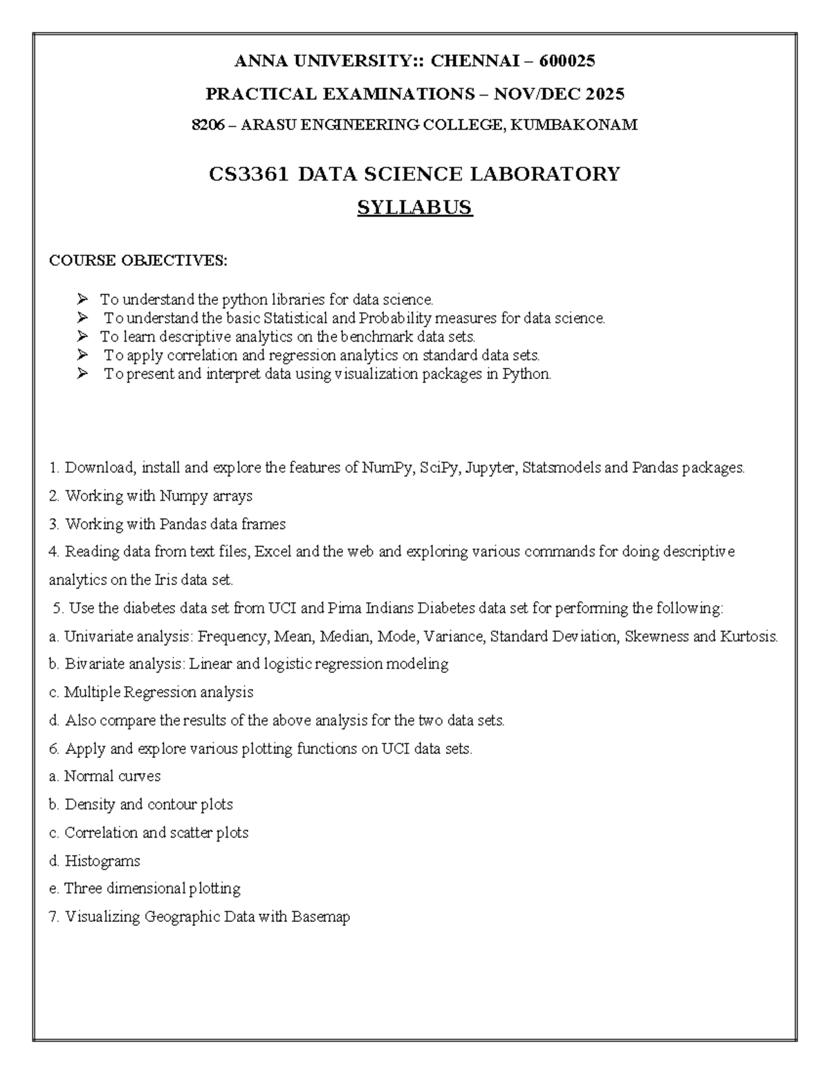 CS3361 Data Science Lab Practical Exam Syllabus 2025 - Studocu