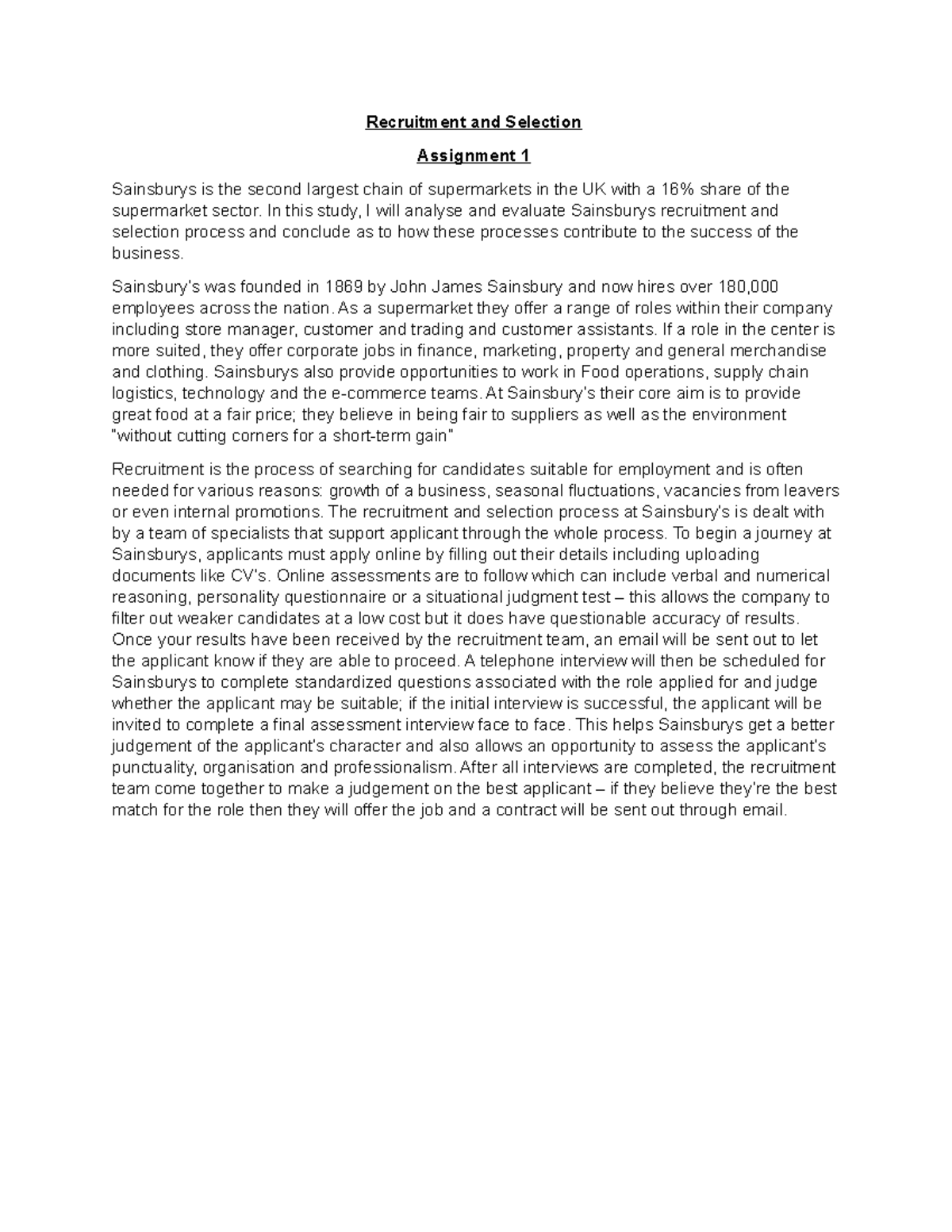 Assignment 1 - Unit 8 - Recruitment and Selection Assignment 1 Sainsburys is the second largest ...