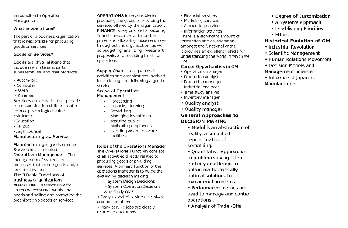 Introduction to Operations Management: Key Concepts and Functions - Studocu