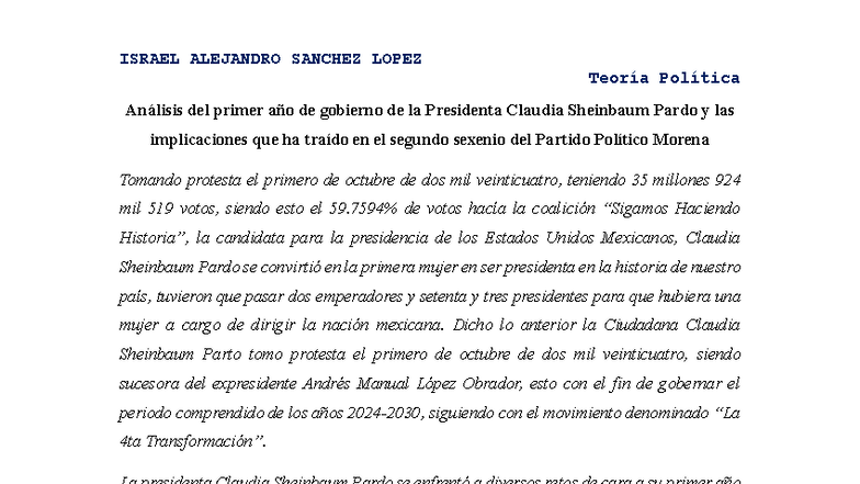 ISRAEL ALEJANDRO SANCHEZ LOPEZ Teoría Política: Análisis del Primer Año ...