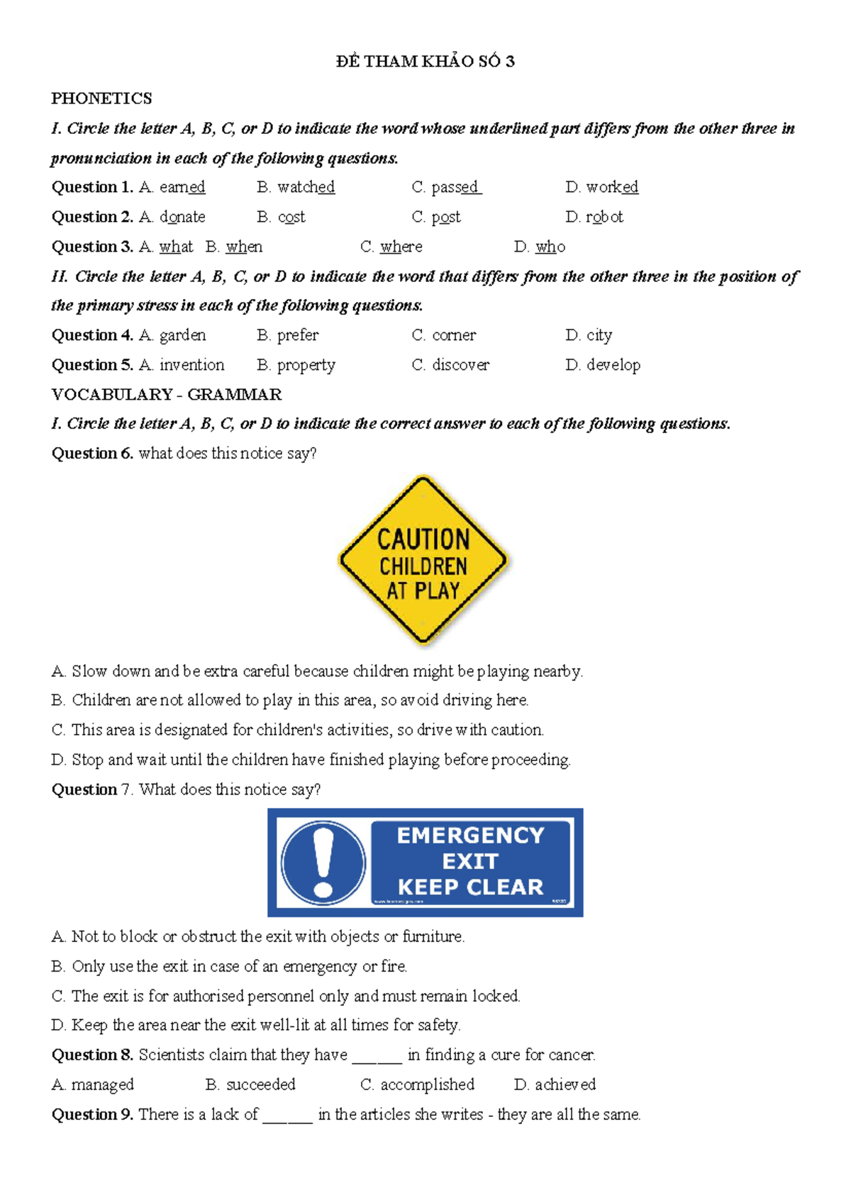 ĐỀ THAM KHẢO SỐ 3 - LUYỆN TẬP PHONETICS I & II - Studocu