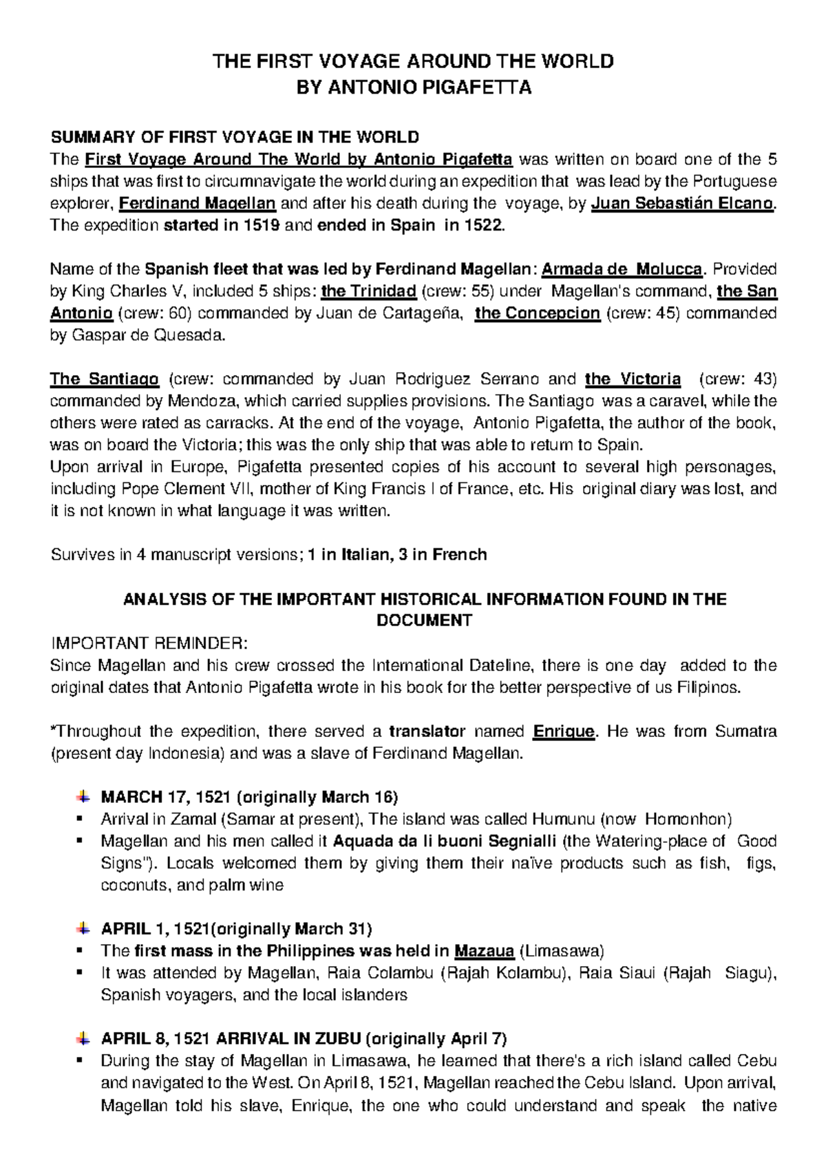 Antonio Pigafetta's Summary of the First Voyage (Lecture Notes) - Studocu