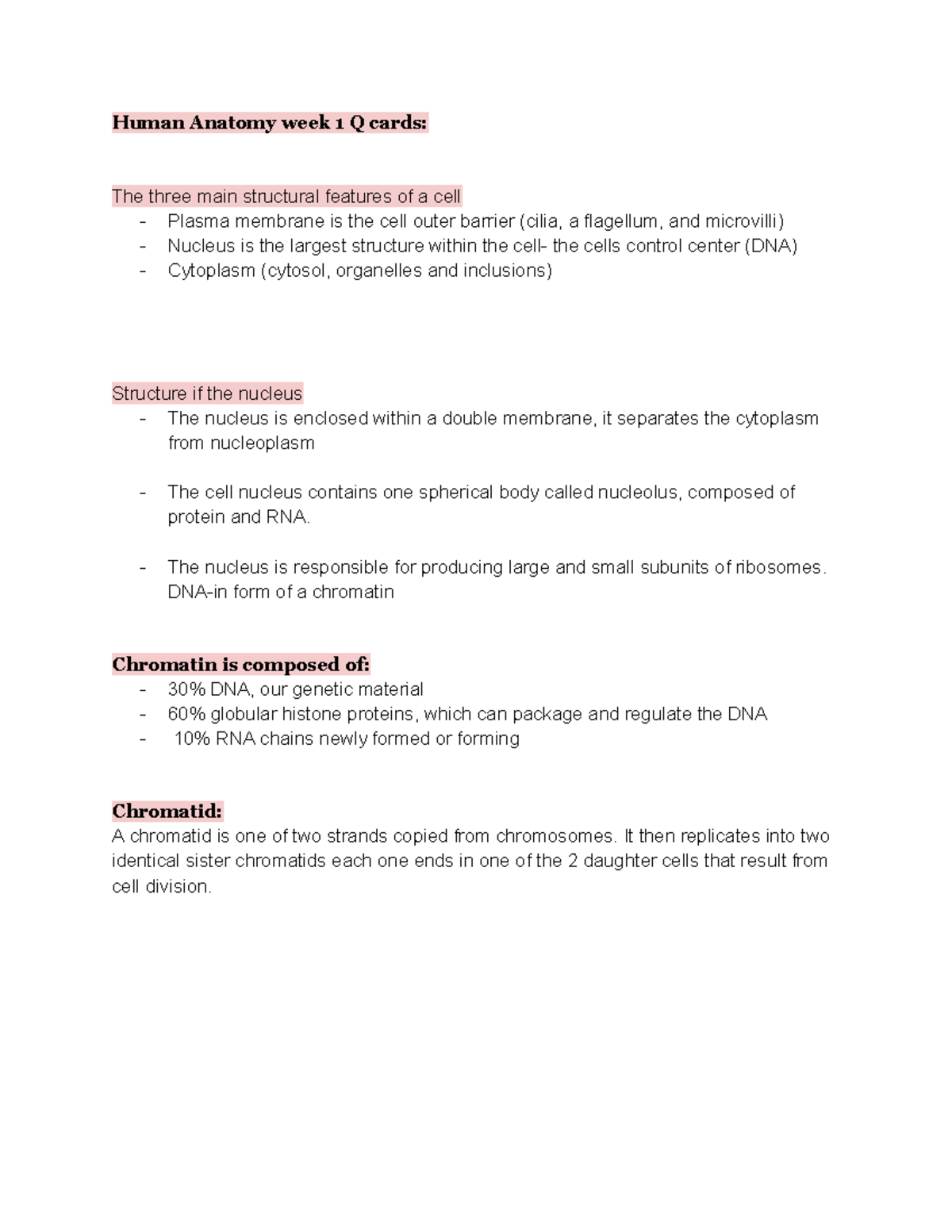 Human Anatomy Q Cards: Week 1 & 2 Highlights - Studocu