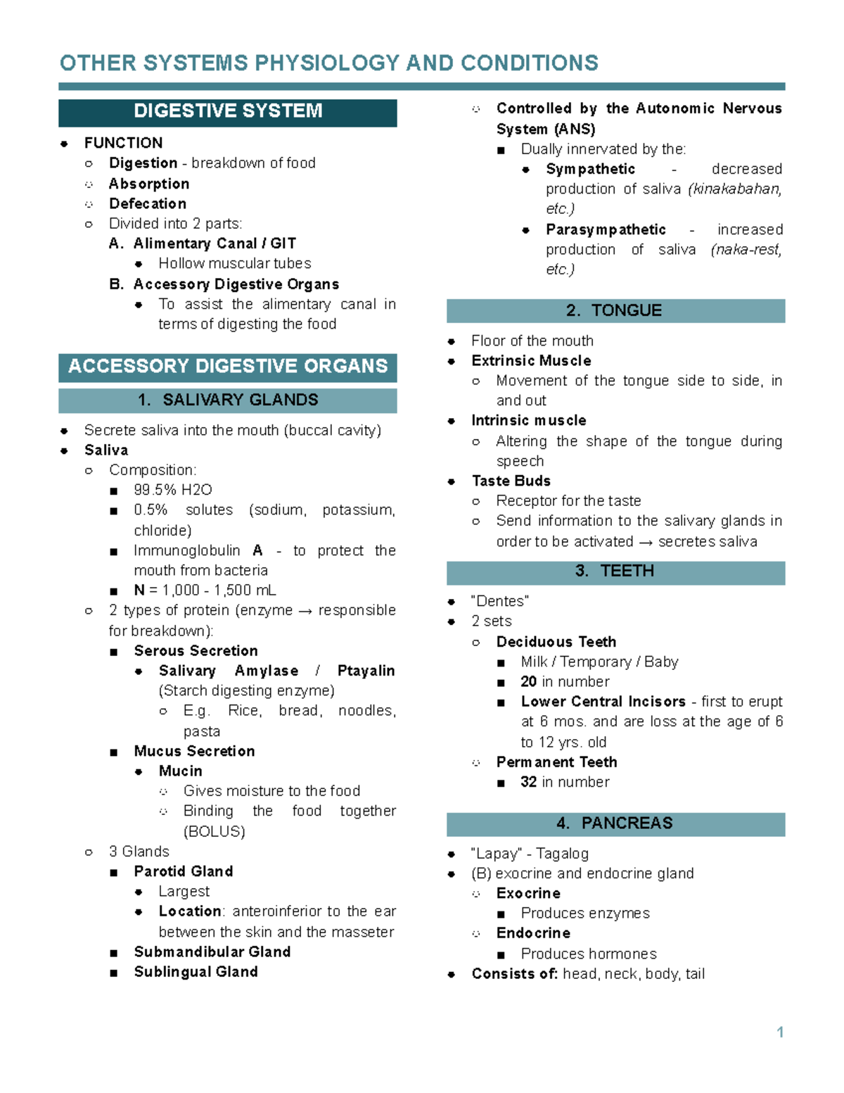 Module 1 (Organ Systems Physiology and Conditions) - DIGESTIVE SYSTEM ...