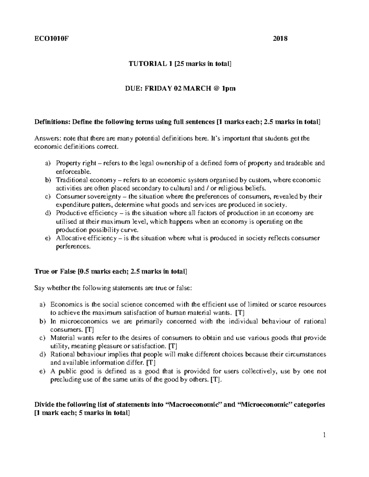 Tutorial 1 answers - 2018 - ECO1010F 2018 TUTORIAL 1 [25 marks in total ...