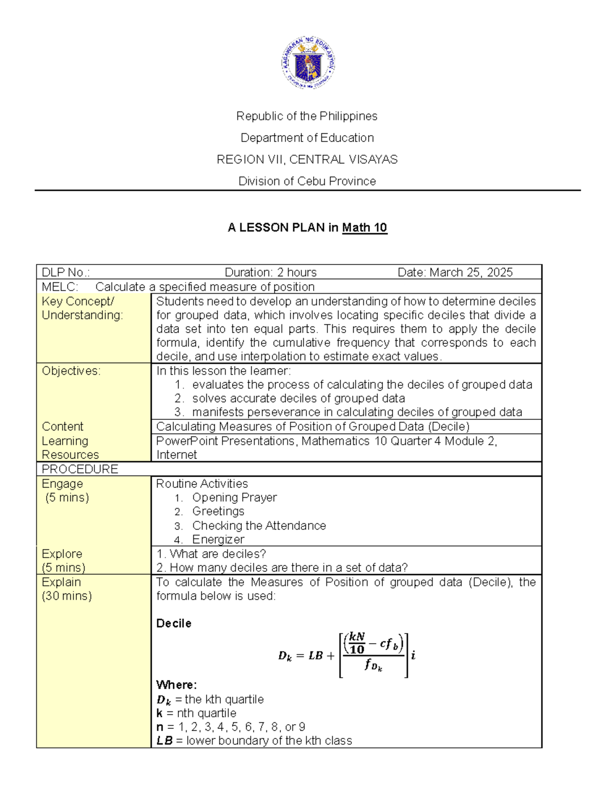 Math 10 Lesson Plan: Calculating Deciles of Grouped Data - Studocu