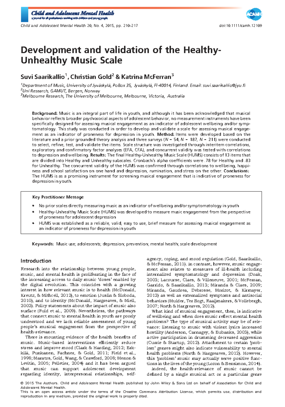 Development and Validation of the Healthy-Unhealthy Music Scale (HUMS ...