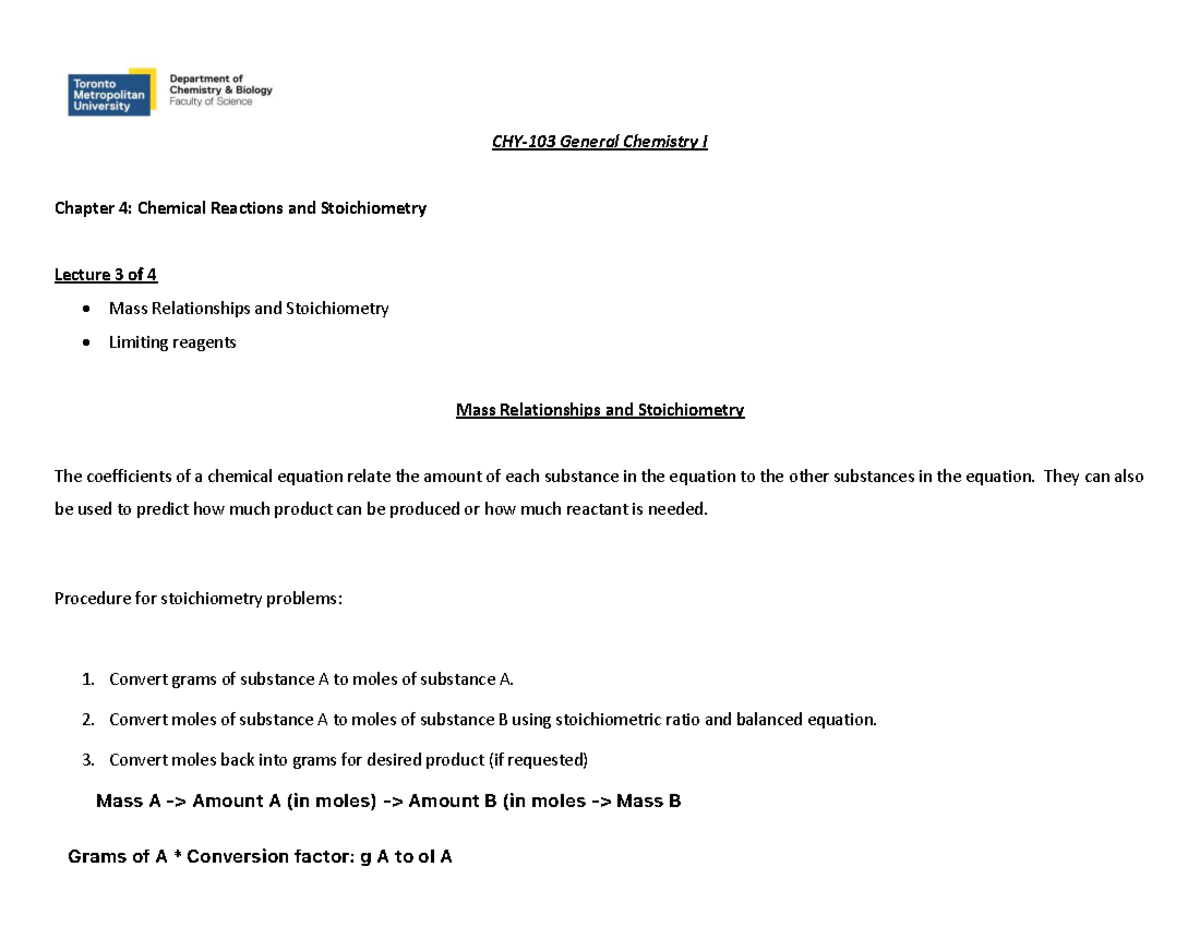 CHY-103 General Chemistry I: Lecture 3 on Limiting Reagents ...