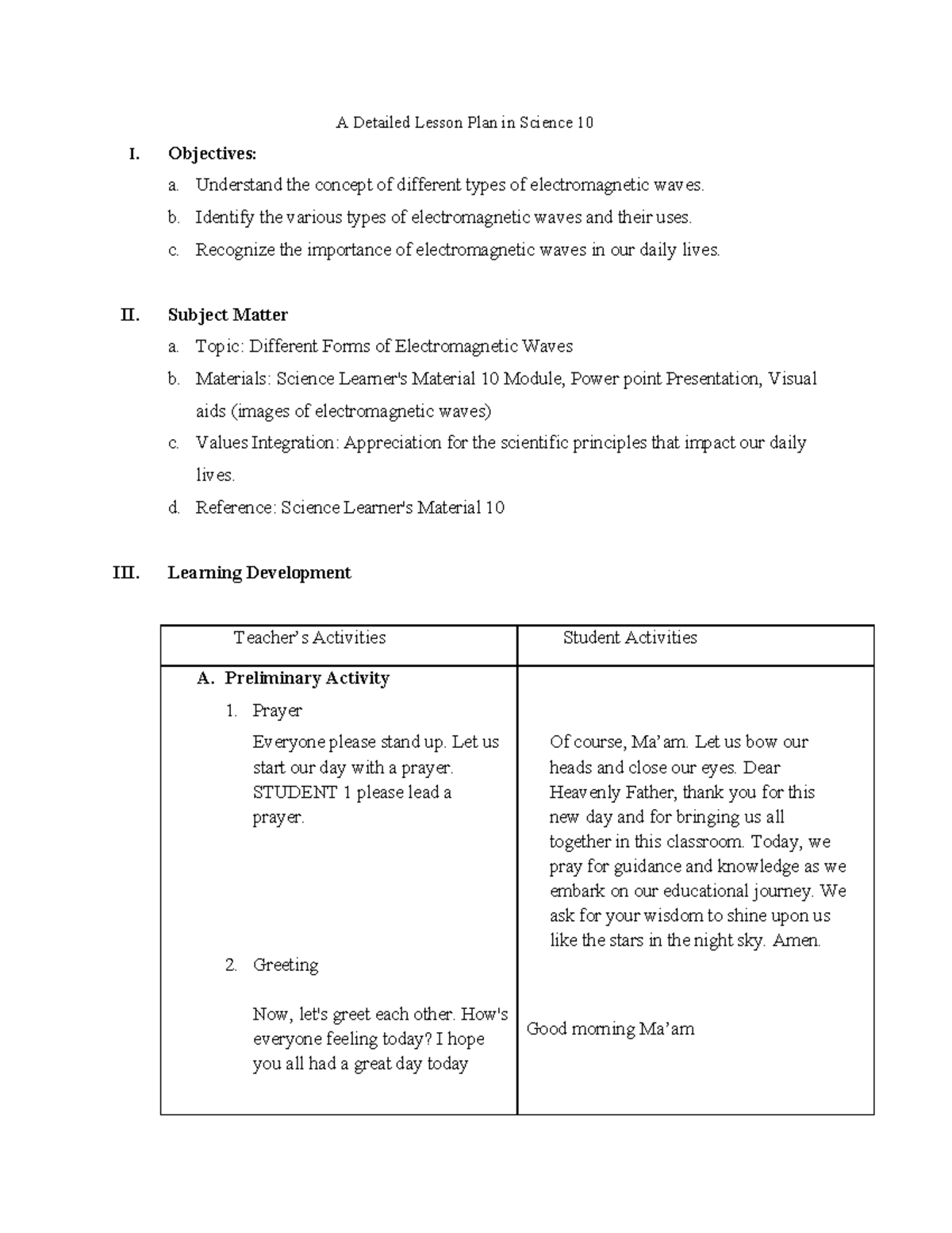 Science 10 EM Waves Final Lesson Plan and Activities Outline - Studocu