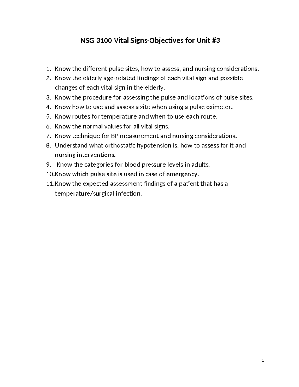 BSN NSG 3100 Objectives for Unit 3 - NSG 3100 Vital Signs-Objectives ...