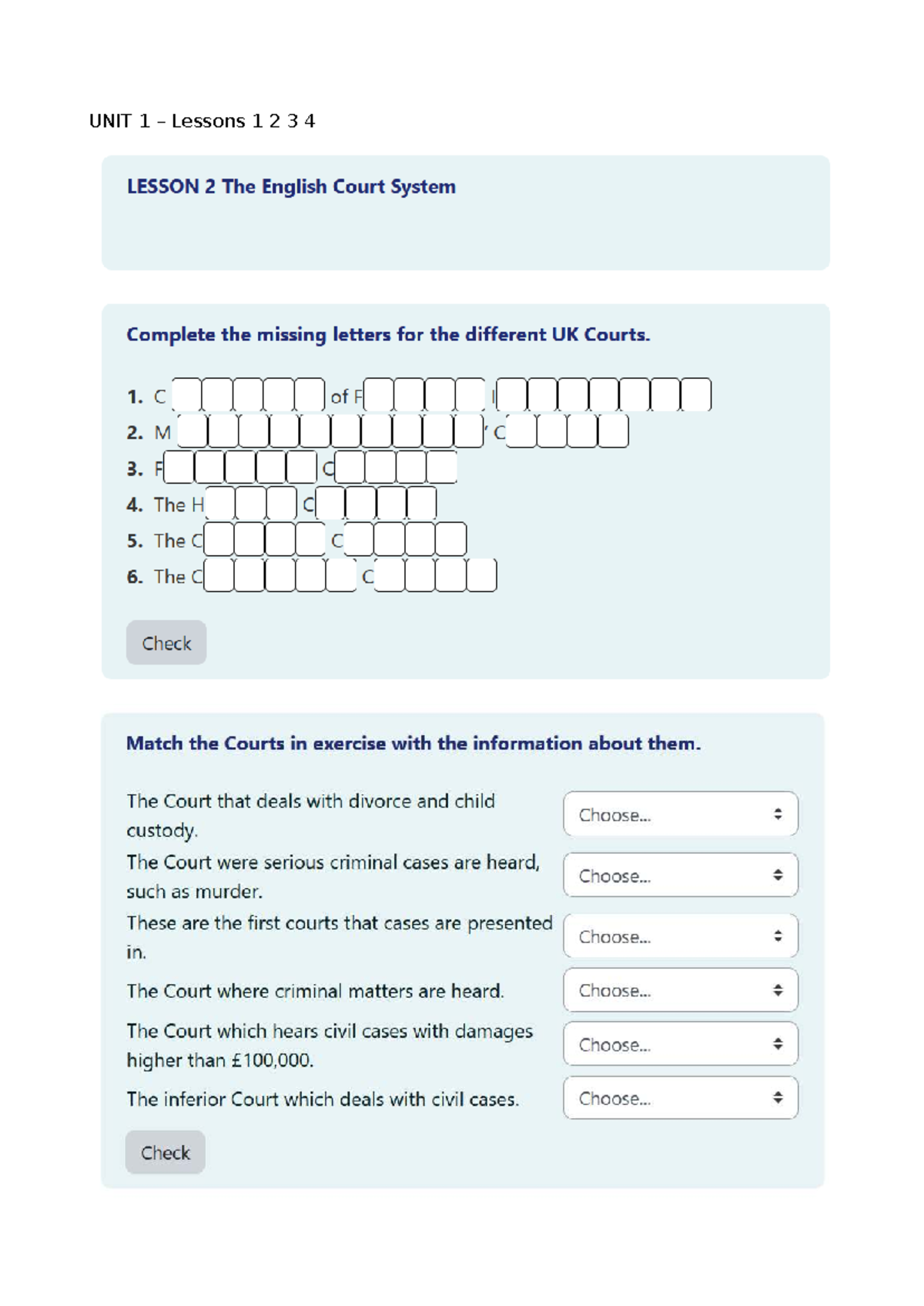 UNIT 1 & 2 Legal English Exercises: The English Court System ...