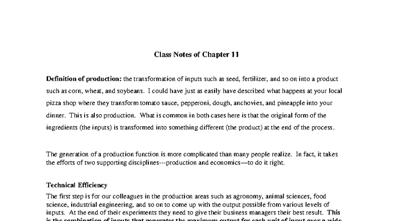 Class Notes on Chapter 11: Understanding Production Functions - Studocu