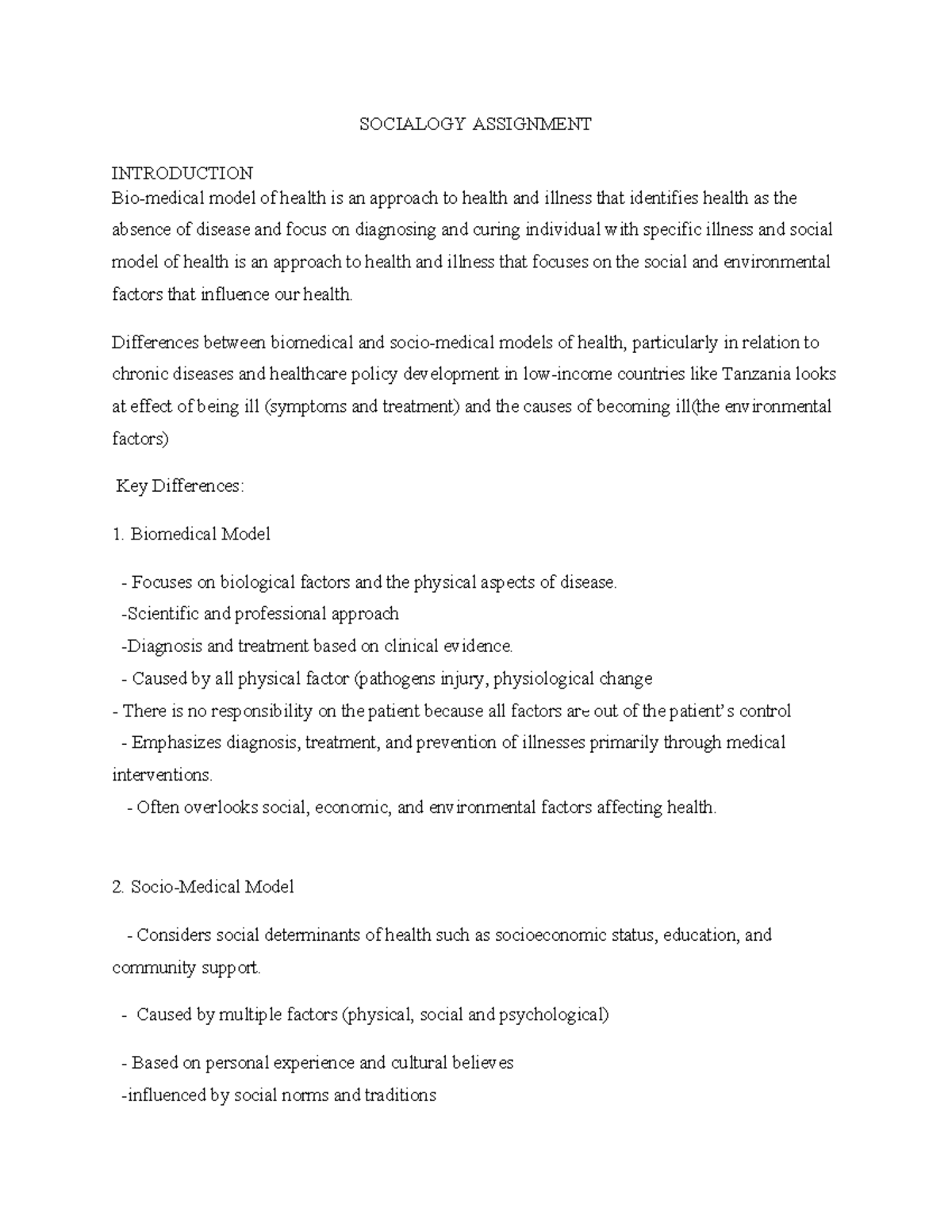 SOC 101: Assignment on Health Models and Policy Implications - Studocu