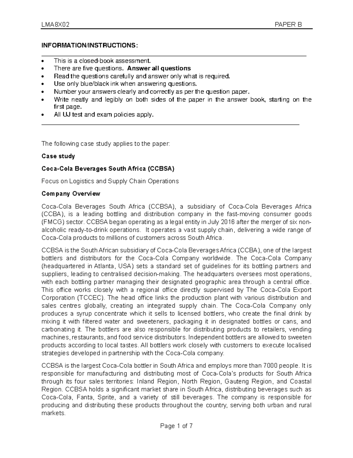 LMA8X02 Case Study: CCBSA Logistics & Supply Chain Operations - Studocu