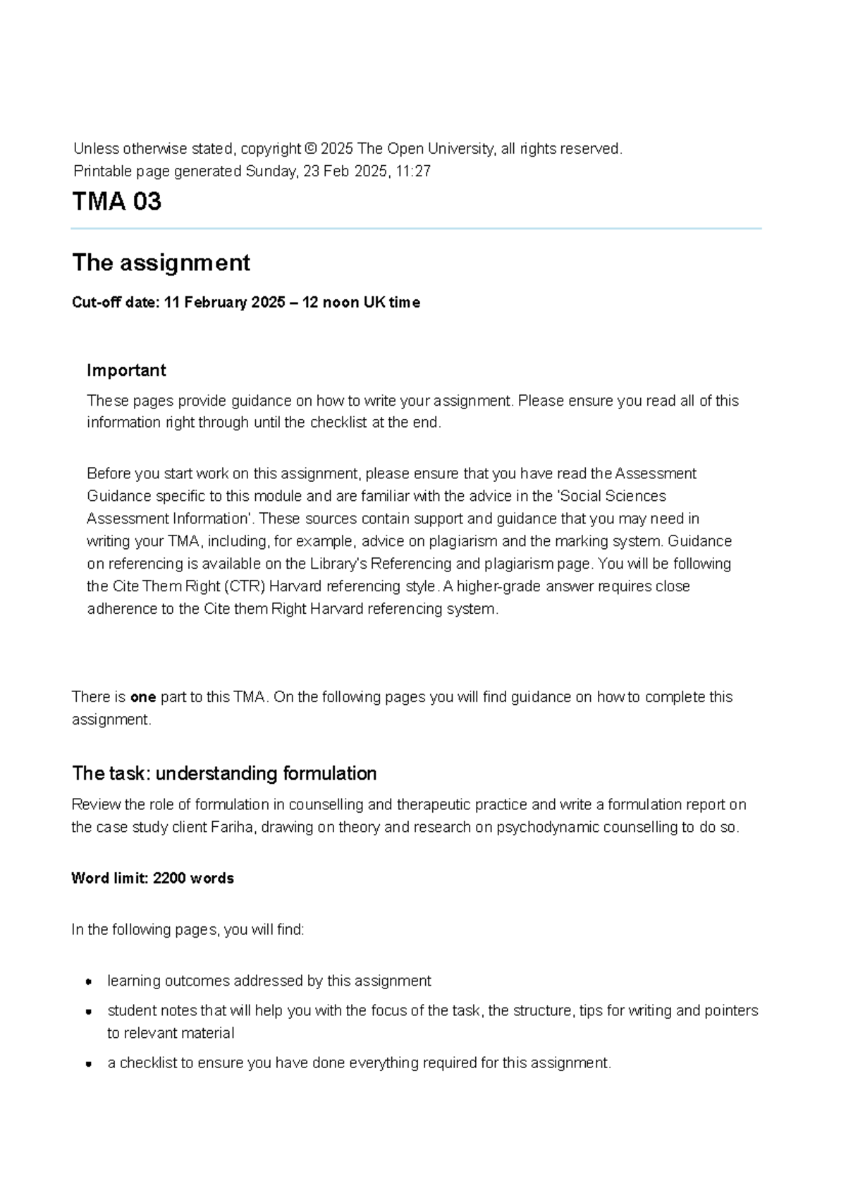 TMA 03: Formulation Report on Fariha in Psychodynamic Counselling - Studocu