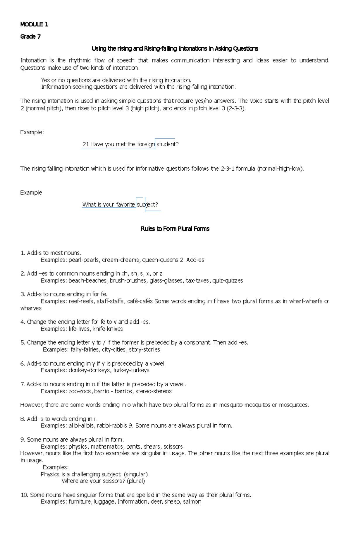 English 7 M1 - MODULE - MODULE 1 Grade 7 Using the rising and Rising ...