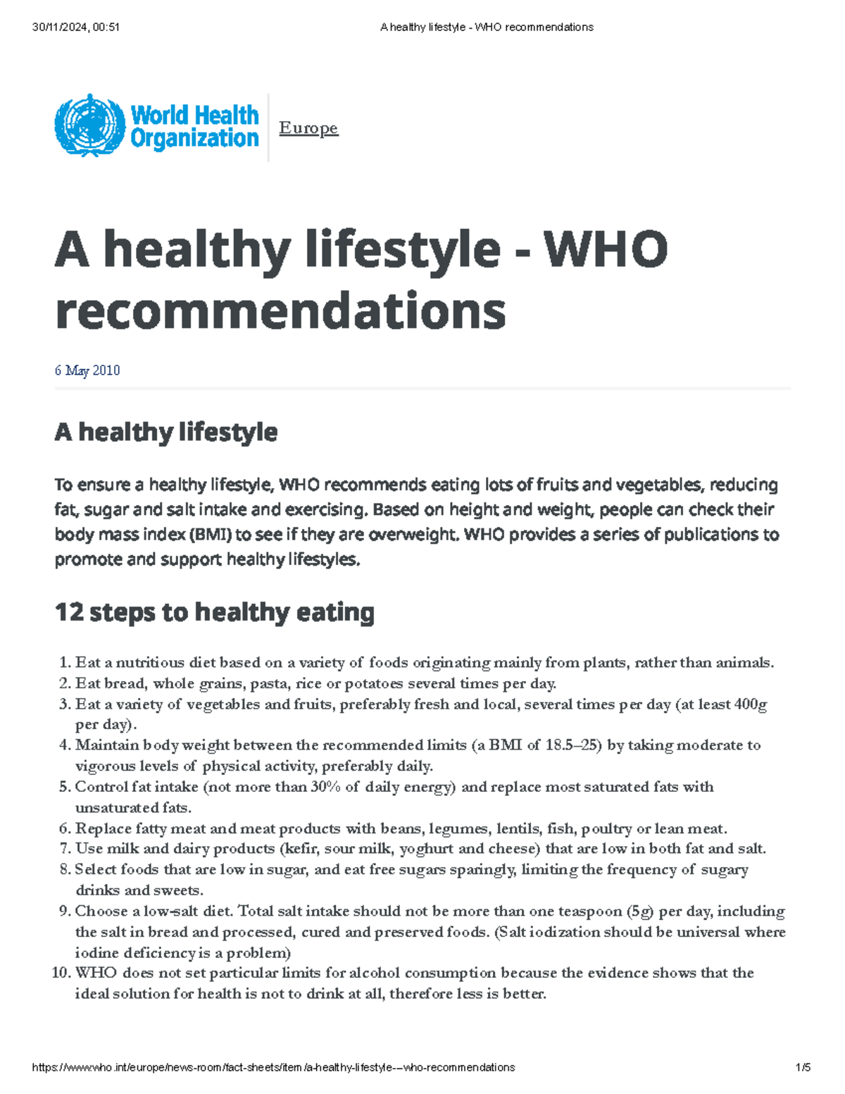 A healthy lifestyle - WHO recommendations - Europe A healthy lifestyle ...