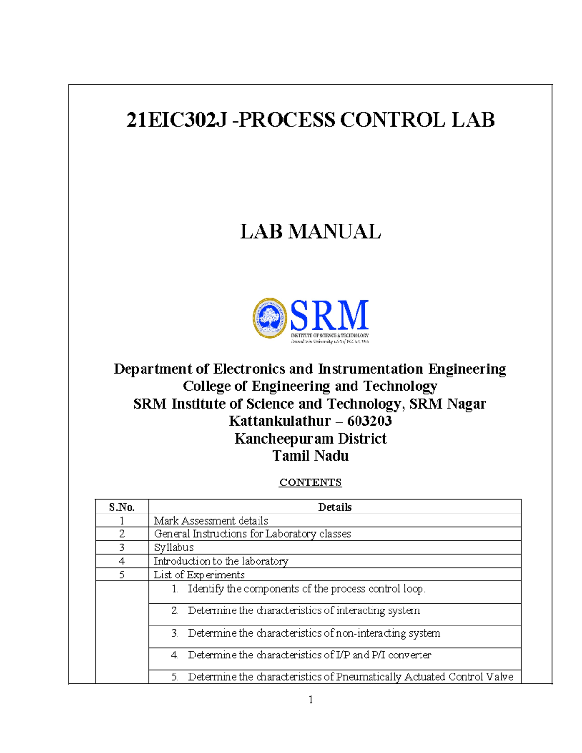 21EIC302J - Process Control Lab Manual and Experiment Guide - Studocu