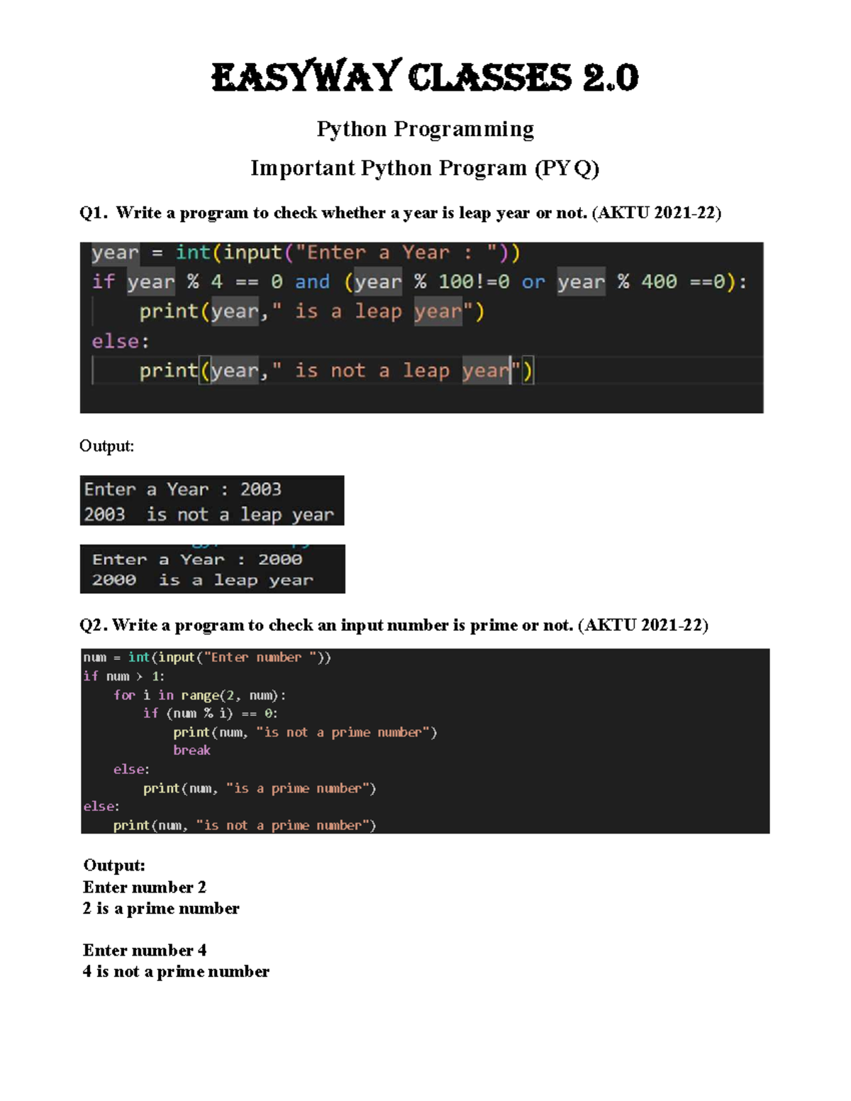 EASYWAY CLASSES 2.0 Python Programming Important Programs (PYQ) - Studocu