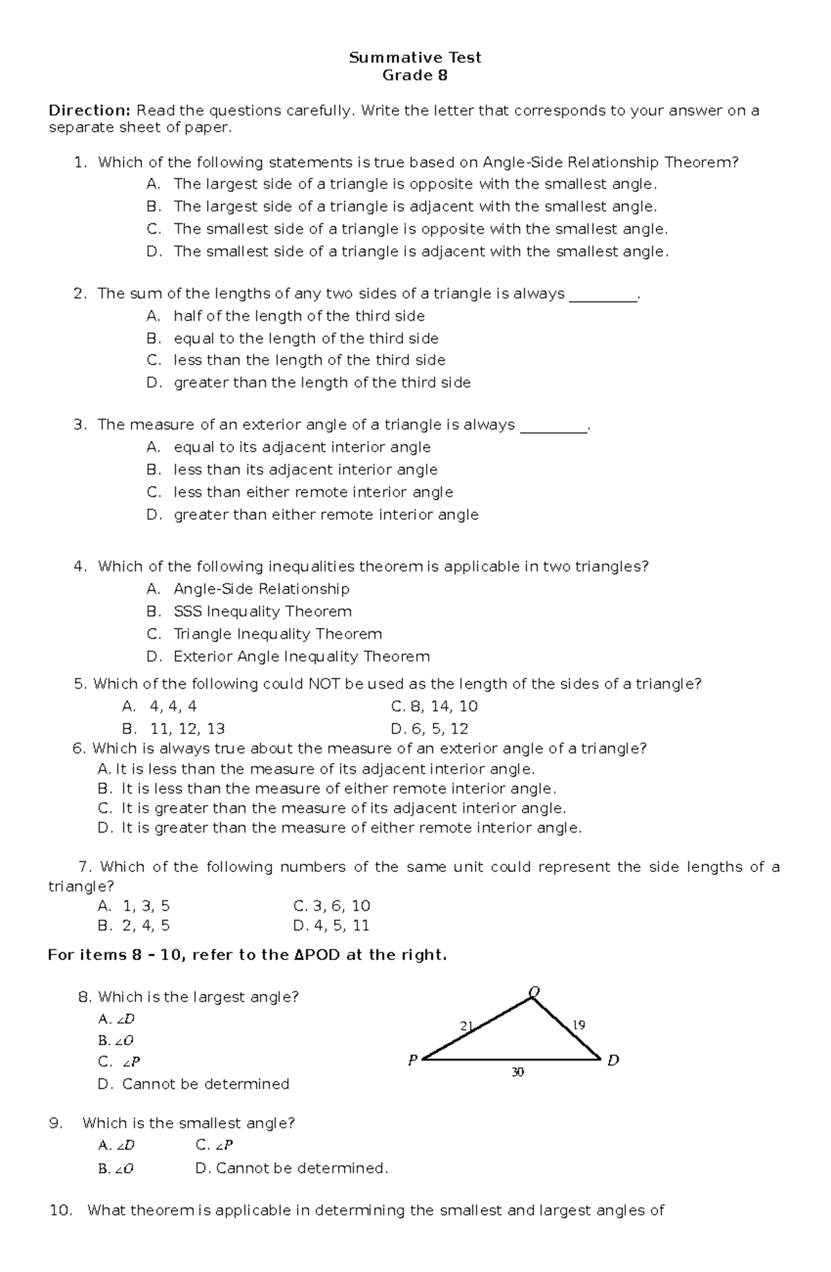Summative Test Grade 8: 4th Quarter Assessment - Studocu