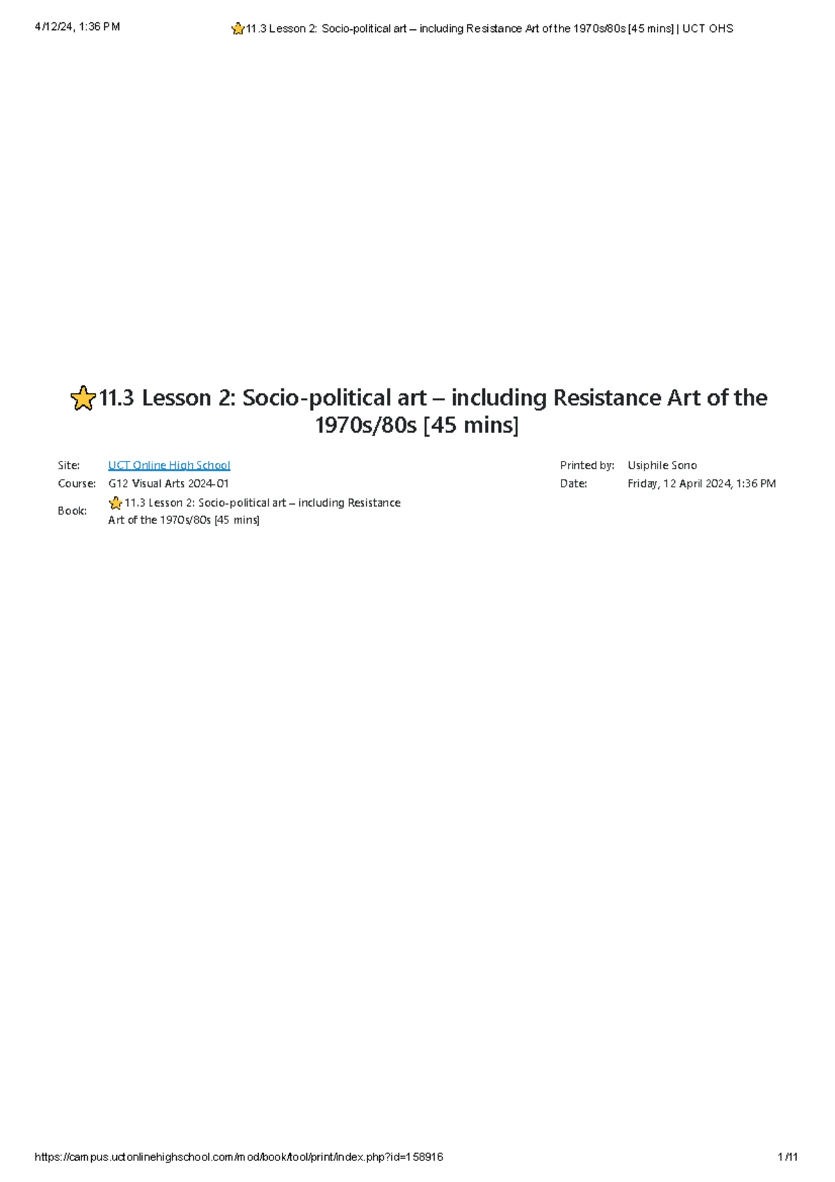 Visual Arts GRADE 7 TERM 4 Lesson Plan & Activities Overview - Studocu