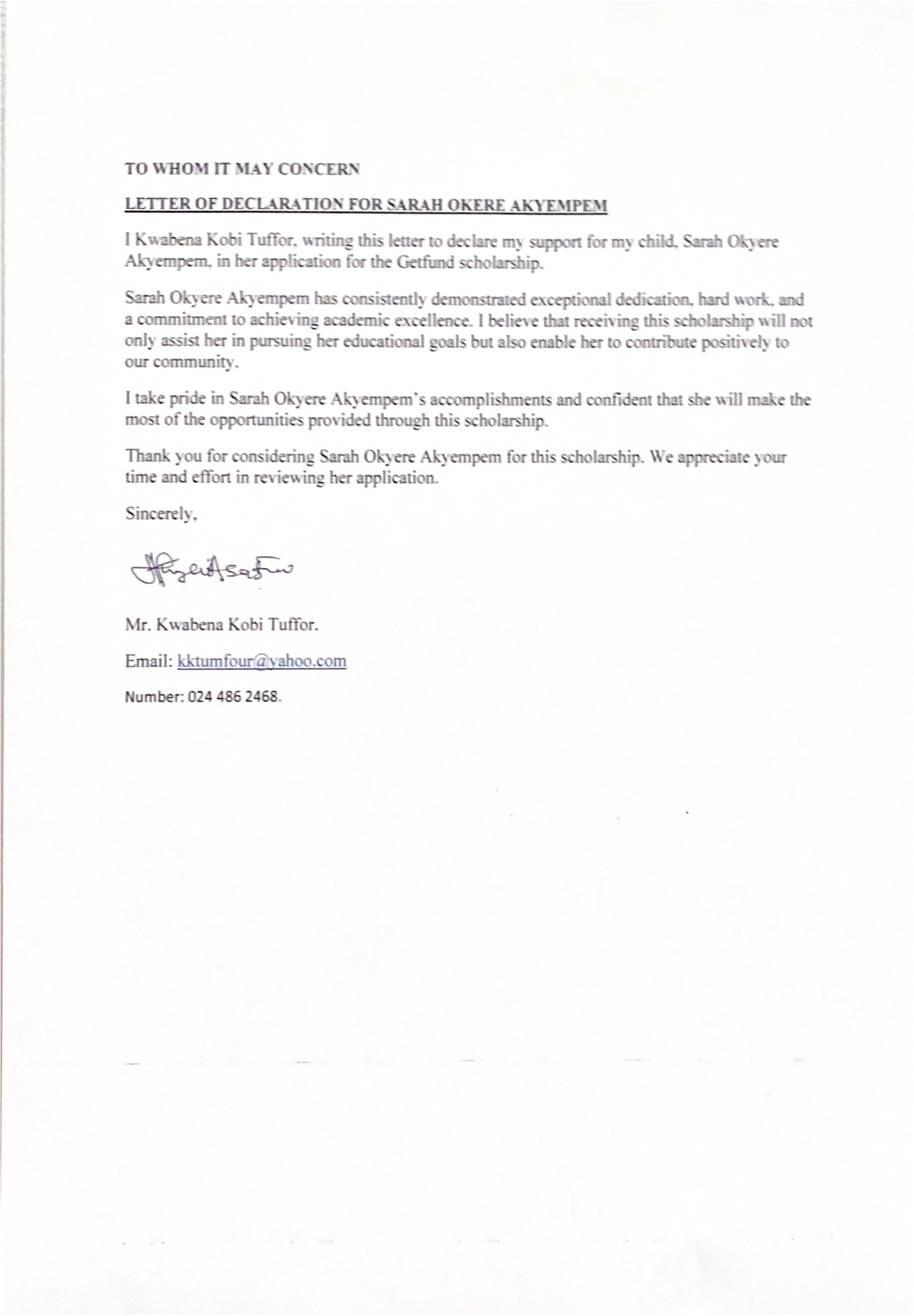 Sarah Okyere Akyempem - Getfund Scholarship Support Letter - Studocu