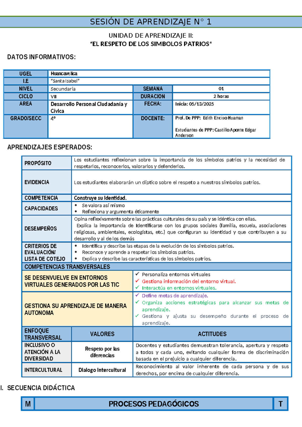 Sesión de Aprendizaje DPCC 4TO: Respeto a los Símbolos Patrios - Studocu