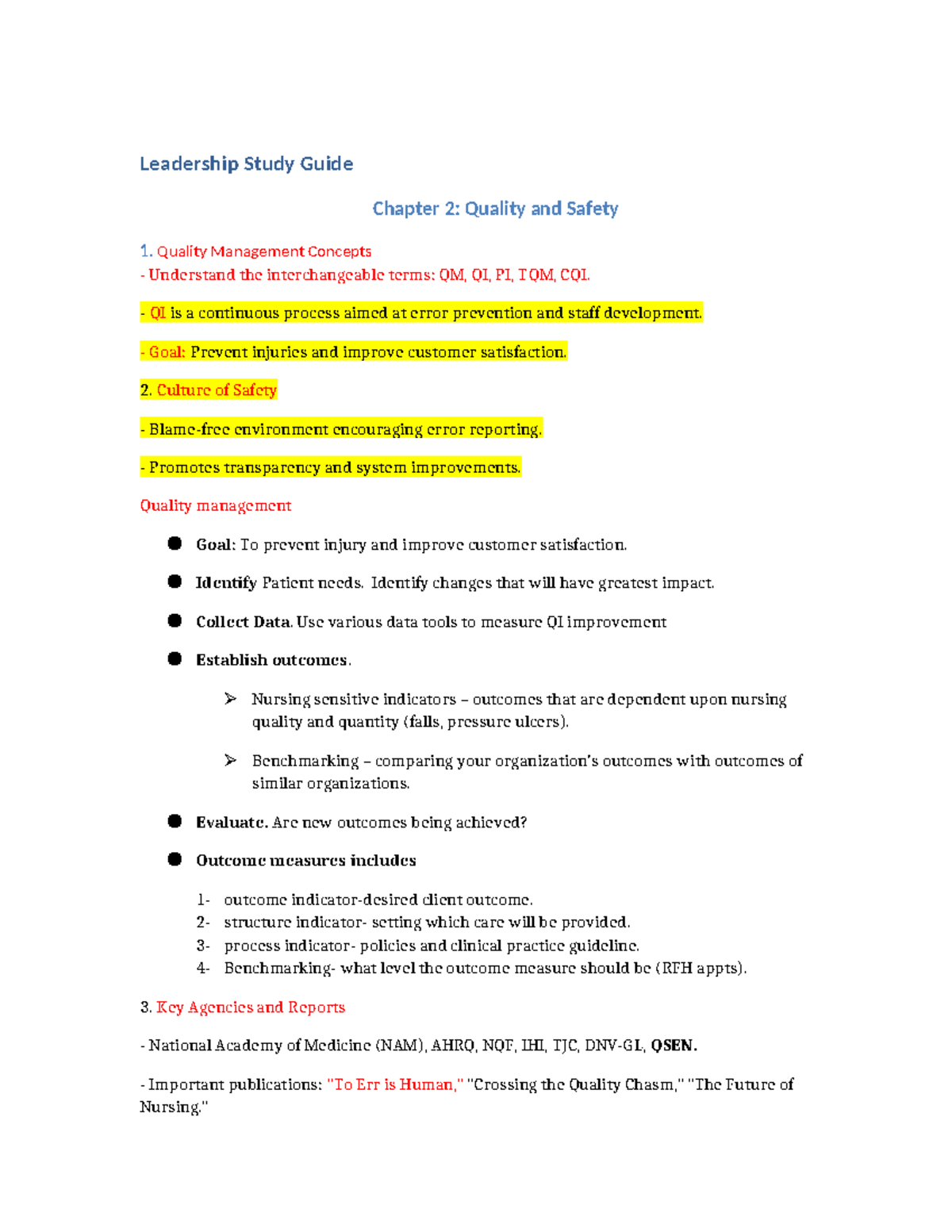 Leadership Study Guide W4: Quality & Safety in Nursing Management - Studocu