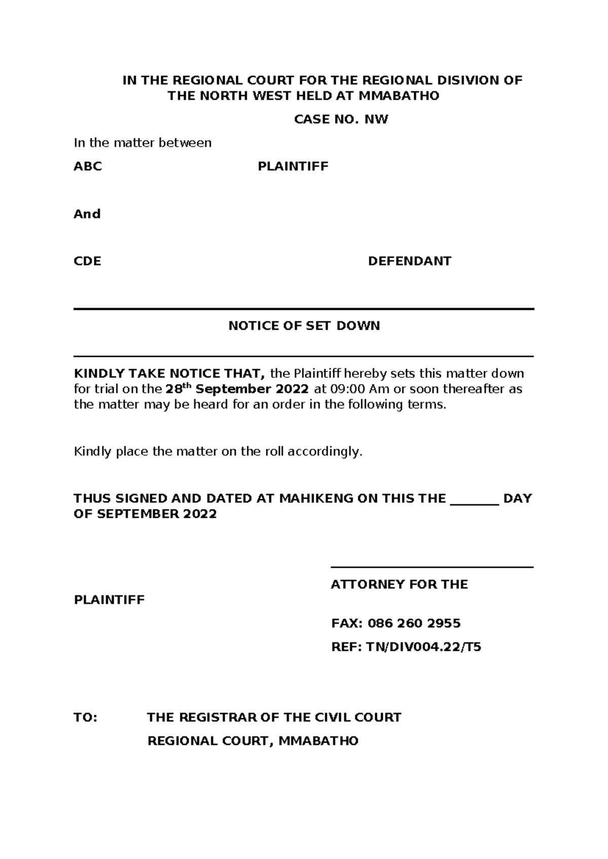 Notice of Set Down - Case No. NW - ABC vs CDE - Studocu