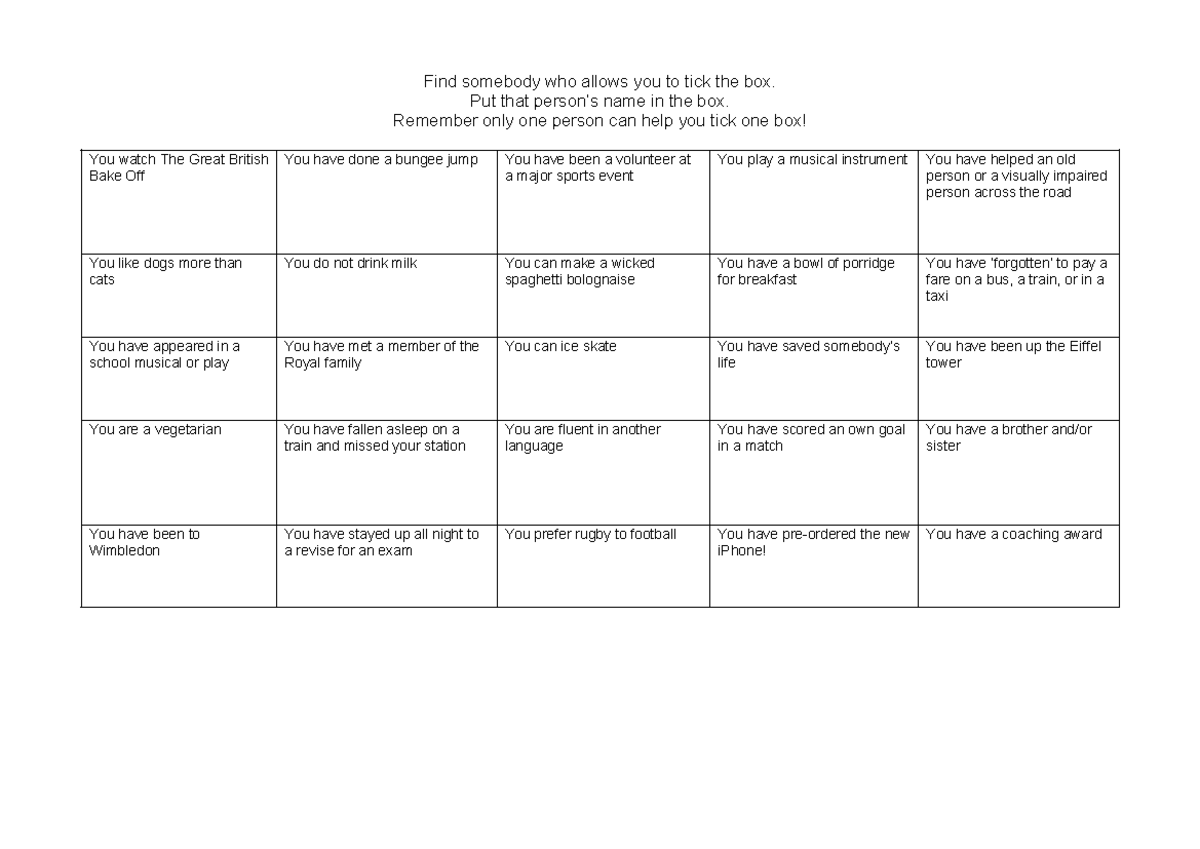 Week 22(1) Human Bingo Ice-breaker Activity Guide - Studocu
