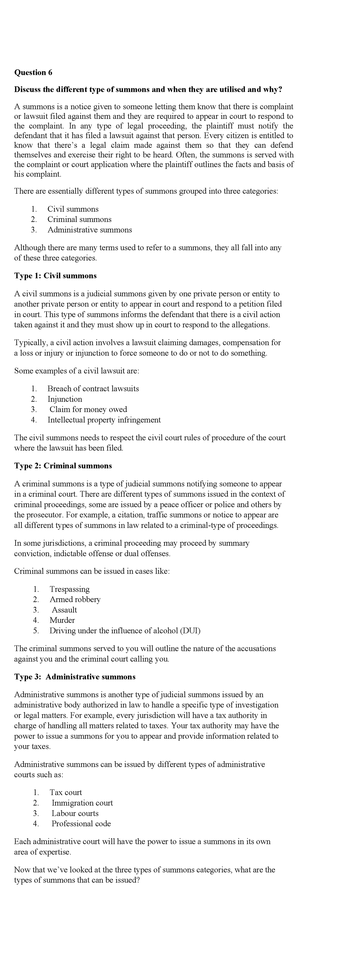 Types of Summons Explained - Question 6 Tutorial 2 - Assignments - Studocu