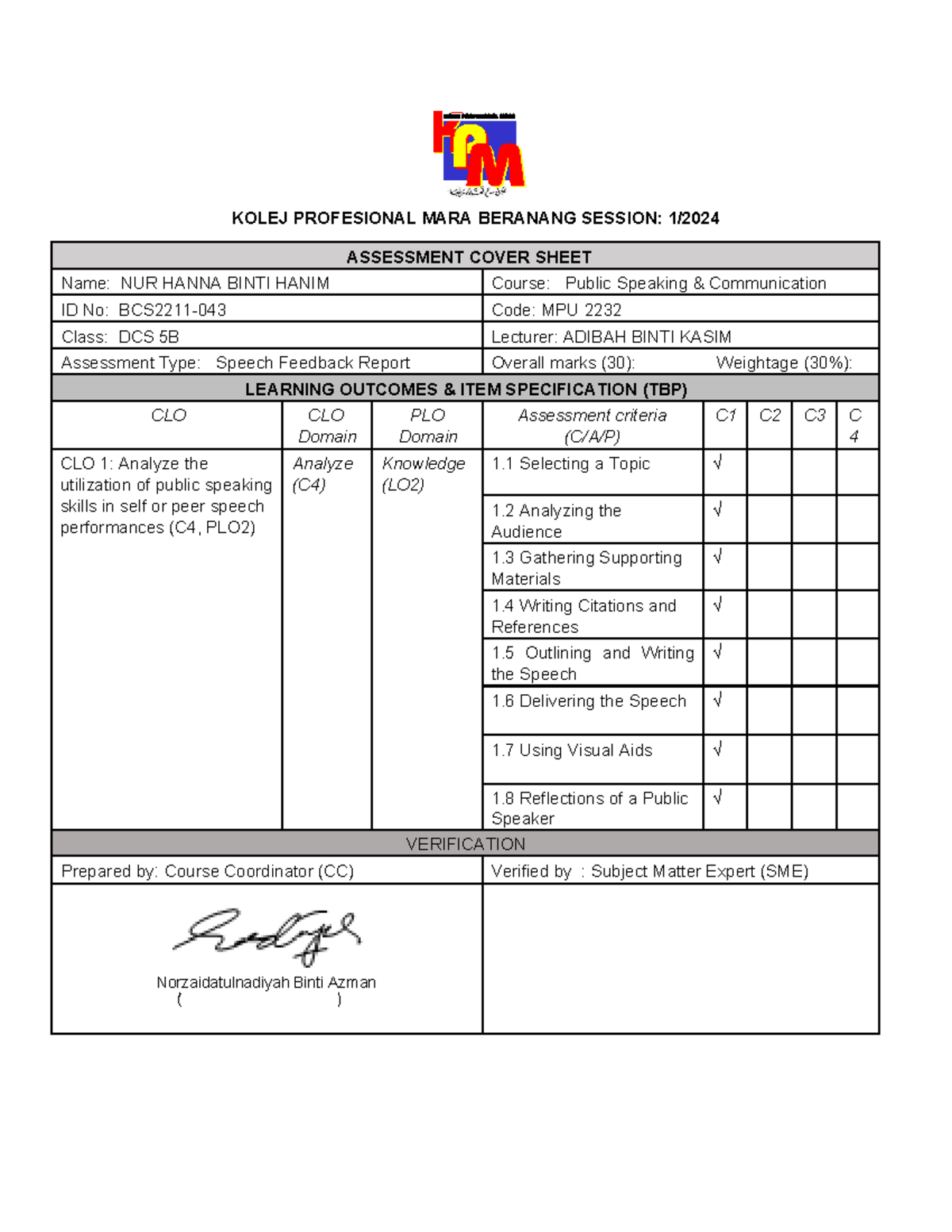 MPU 2232 Speech Feedback Report - Assignment Cover Sheet - Studocu