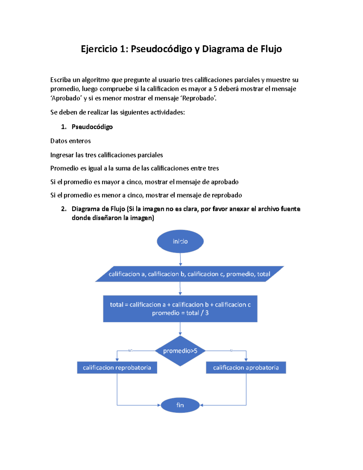 Entregable 1 - Ejercicio 1: Pseudocódigo y Diagrama de Flujo Escriba un algoritmo que pregunte ...