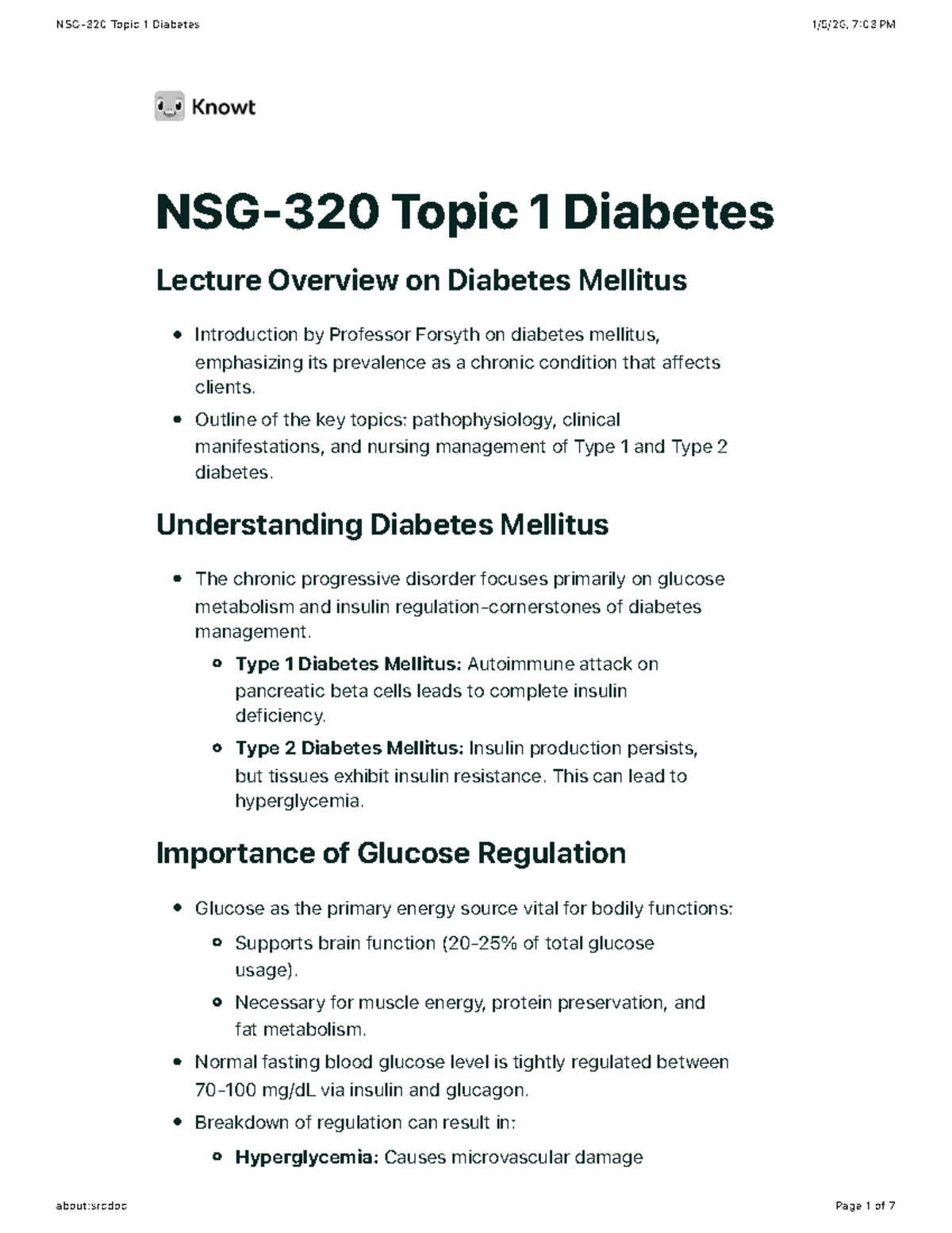 NSG-320 Lecture Notes: Overview of Diabetes Mellitus Management - Studocu