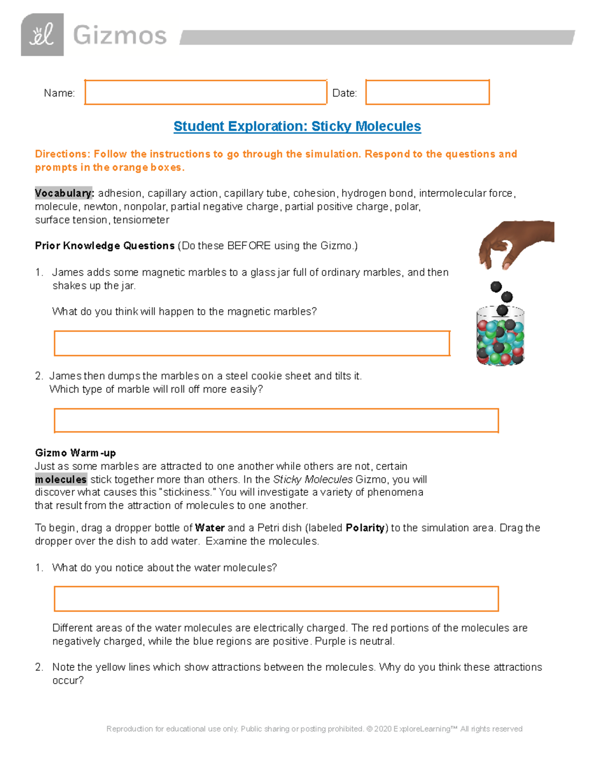 - Sticky Molecules GIzmo - Name: Date: Student Exploration: Sticky ...