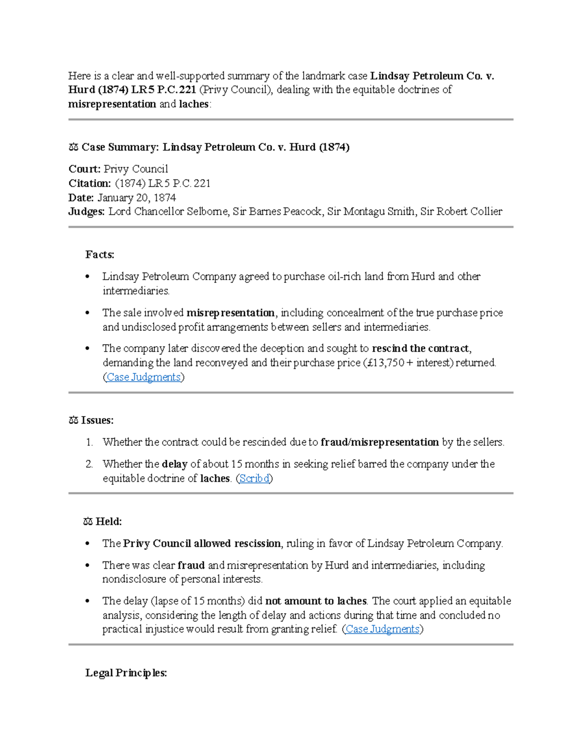 Lindsay Petroleum Co. v. Hurd (1874) Case Summary & Analysis - Studocu