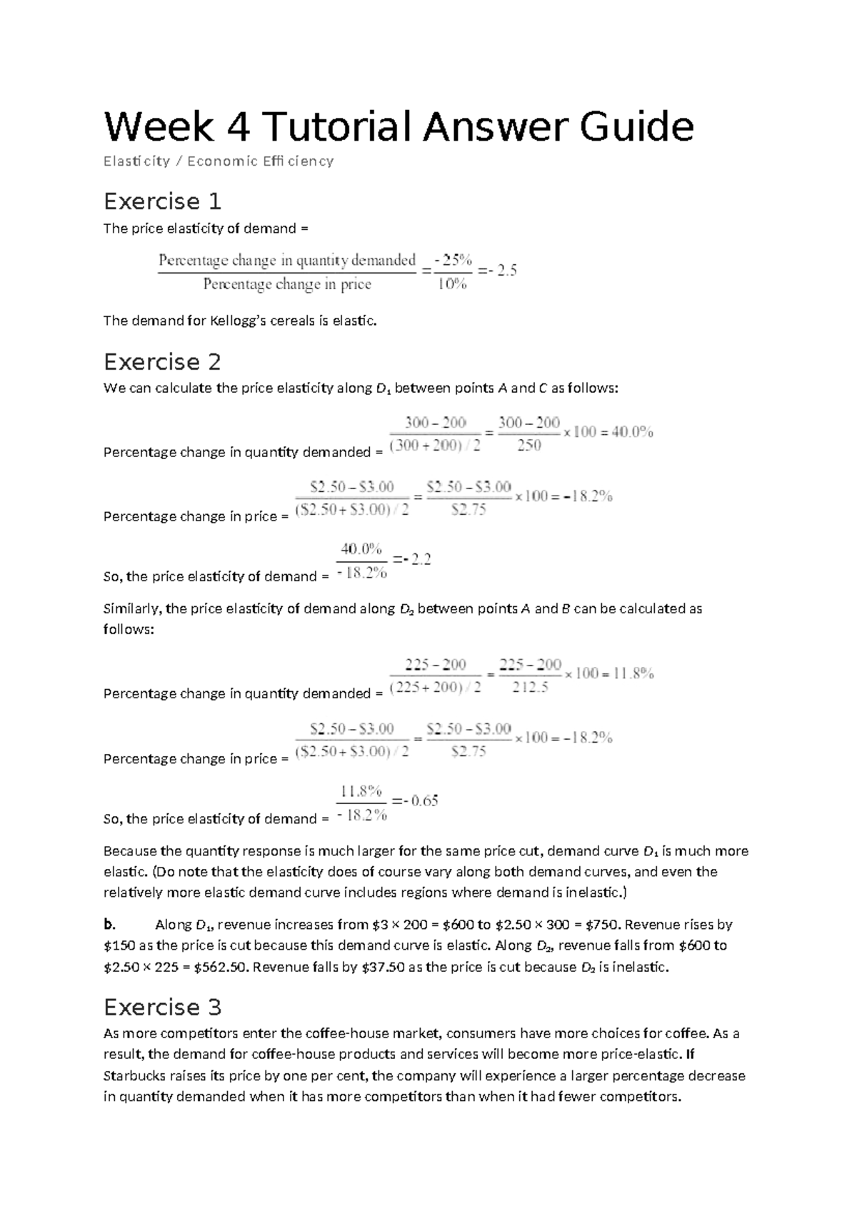 Week 4 Tutorial Answer Guide: Elasticity & Economic Efficiency - Studocu
