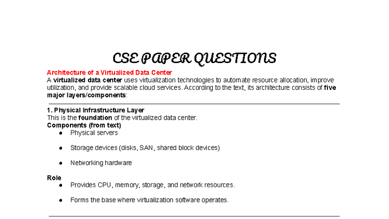 CSE Paper Questions - Architecture of Virtualized Data Centers - Studocu