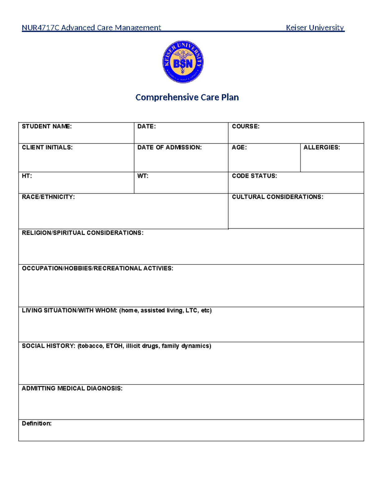 Comprehensive Care Map-Plan Template - NUR4717C Advanced Care ...