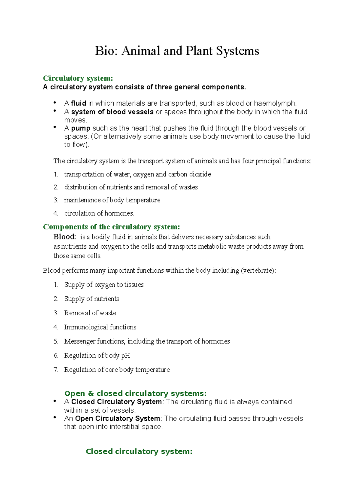 Bio: Animal and Plant Systems - Circulatory System Overview - Studocu