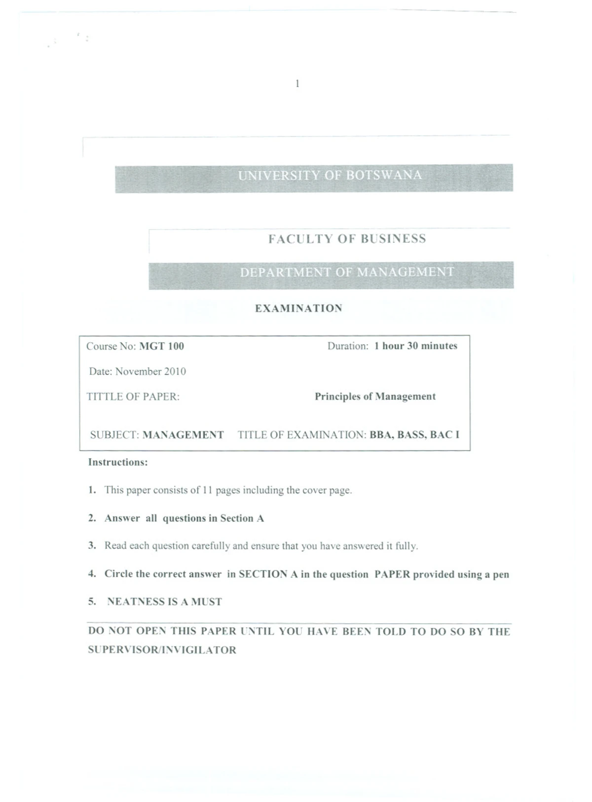 MGT 100 Principles of Management Past Exam Paper - Nov 2011 - Studocu