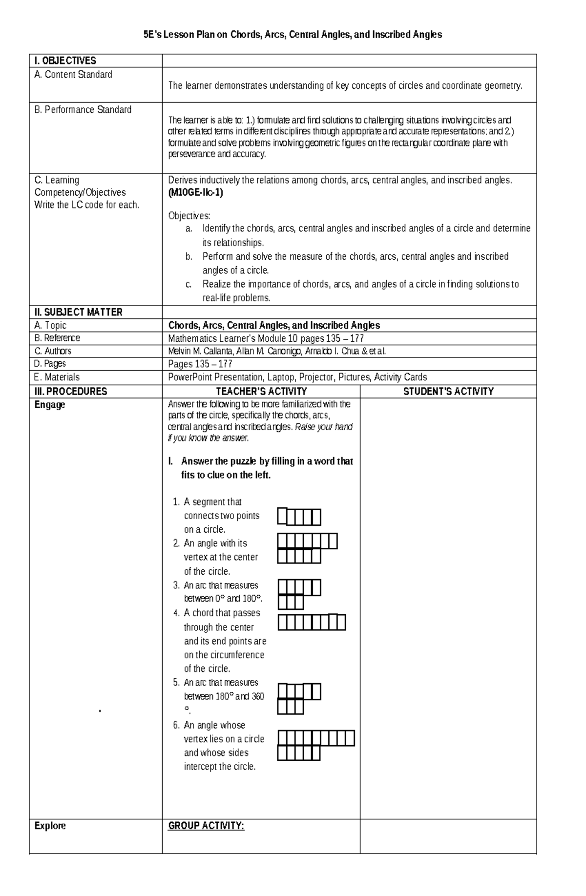 5E Detailed Lesson Plan: Chords, Arcs, Central & Inscribed Angles - Studocu