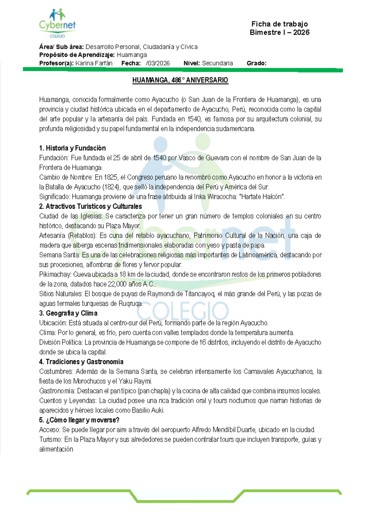 Ficha de Trabajo: Huamanga y su Desarrollo Personal - HLA - Studocu