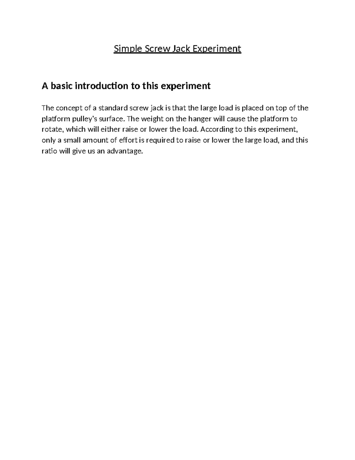 Screw Jack Experiment: Analysis of Mechanical Advantage and Efficiency ...