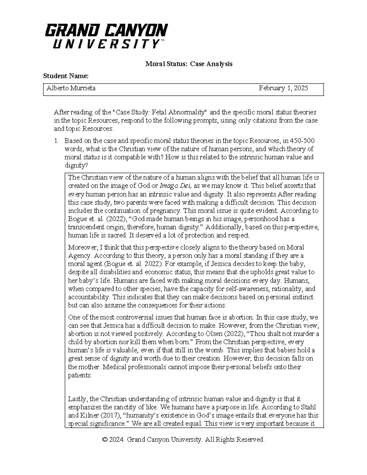Moral Status Case Study Analysis: Christian Perspectives on Dignity ...